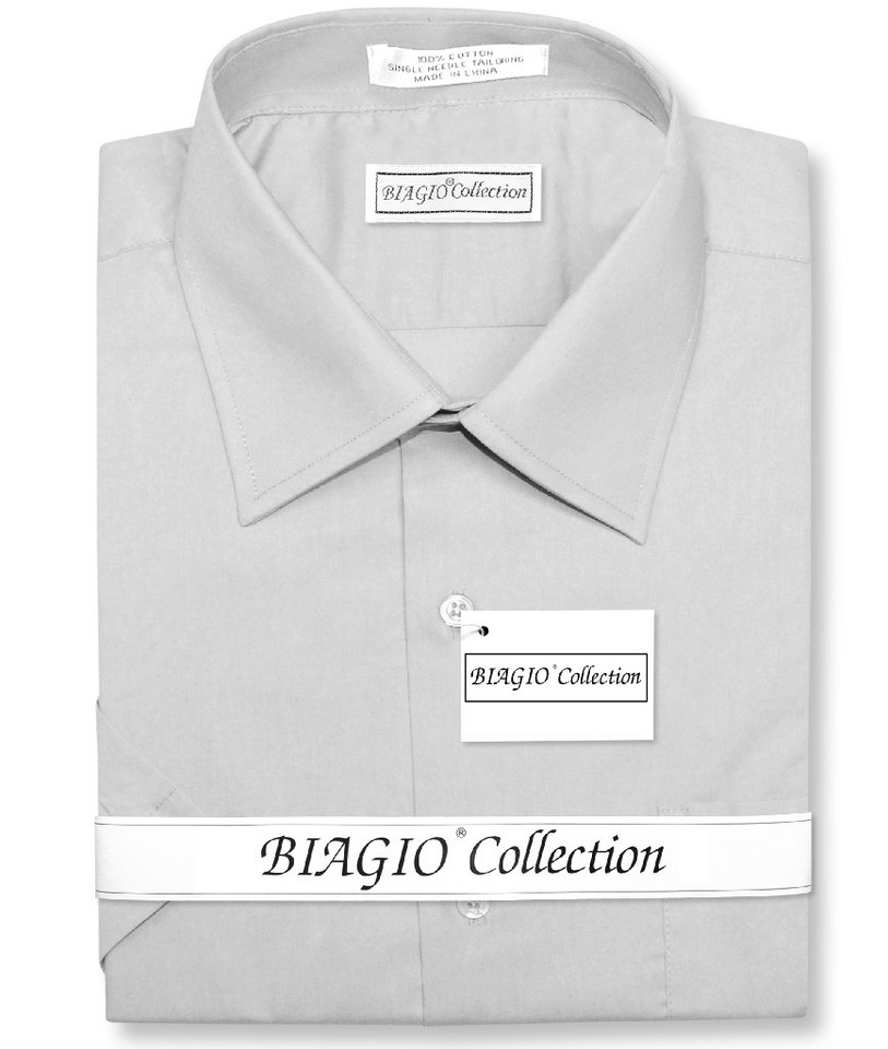 Biagio 100% Cotton Mens Short Sleeve Solid SILVER GREY Color Dress ...