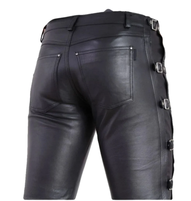 Mens Pure Leather Pants Brown Trousers with Side Buckles Motorcycle ...