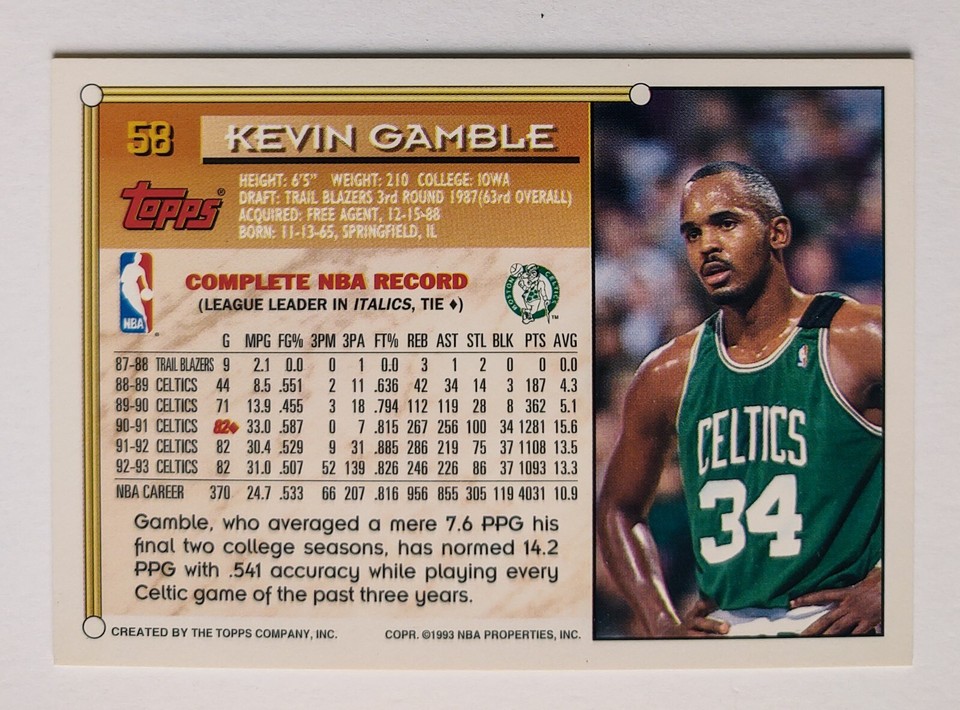 KEVIN GAMBLE 1993-94 Topps Basketball #58 Boston Celtics | eBay