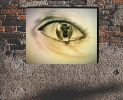 NWB! Art/11x14 canvas. eye with tear and cross in center. Black ...