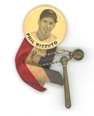 Original 1950s Phil Rizzuto • 1 3/4" Pin with Ribbons Bat & Ball | eBay