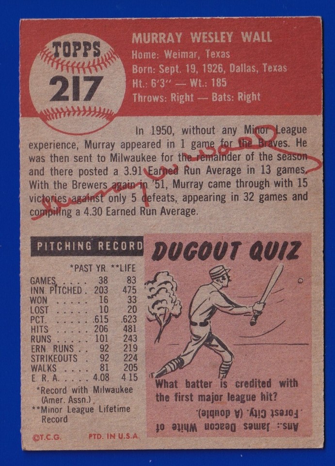 MURRAY WALL ROOKIE braves 1953 TOPPS #217 VG-EX OR VG | eBay