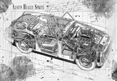 Line Tech Drawing Austin Healey Sprite Car Classic Cutaway Art Poster ...