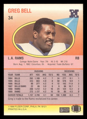 Greg Bell 1990 Fleer #34 Los Angeles Rams FOOTBALL *075 | eBay