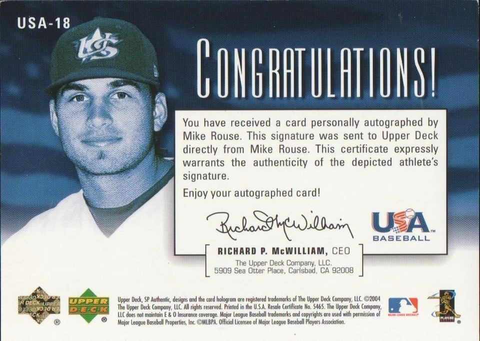 Mike Rouse 2004 SP Authentic USA Signatures Autograph 130/445 | eBay
