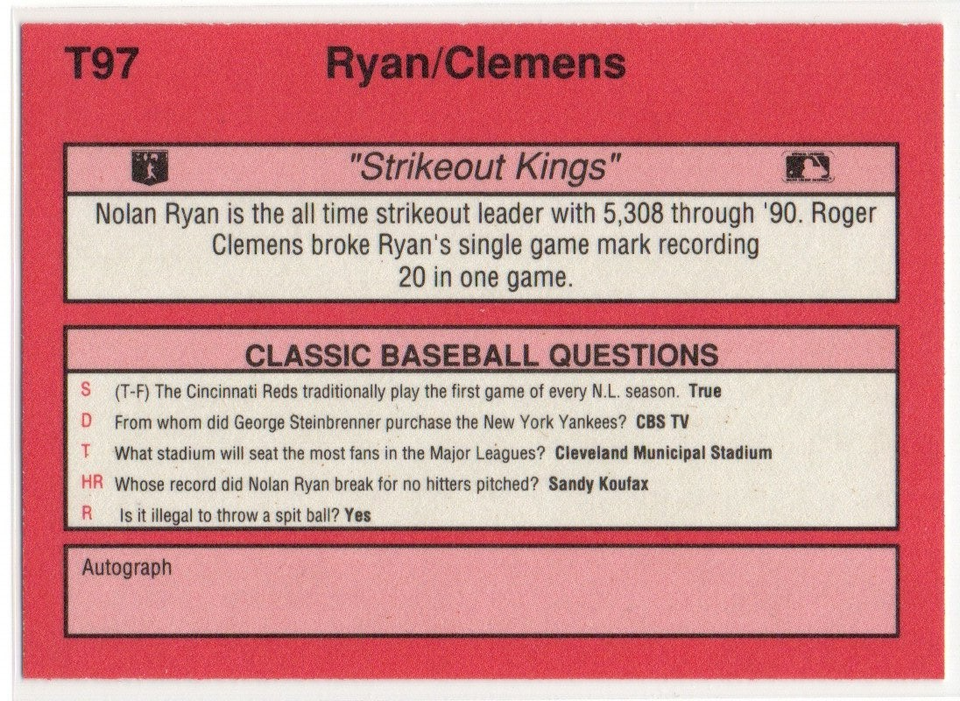 Nolan Ryan Roger Clemens 1991 Classic II #T97 Strikeout Kings Rangers ...