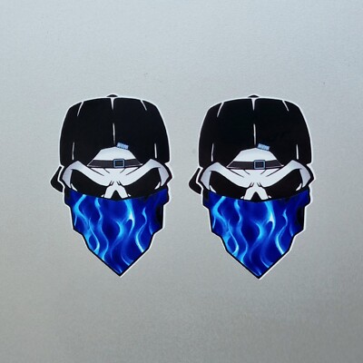 2x Small Skull With Face Bandana & Cool Blue Flames Vinyl Sticker Decal ...
