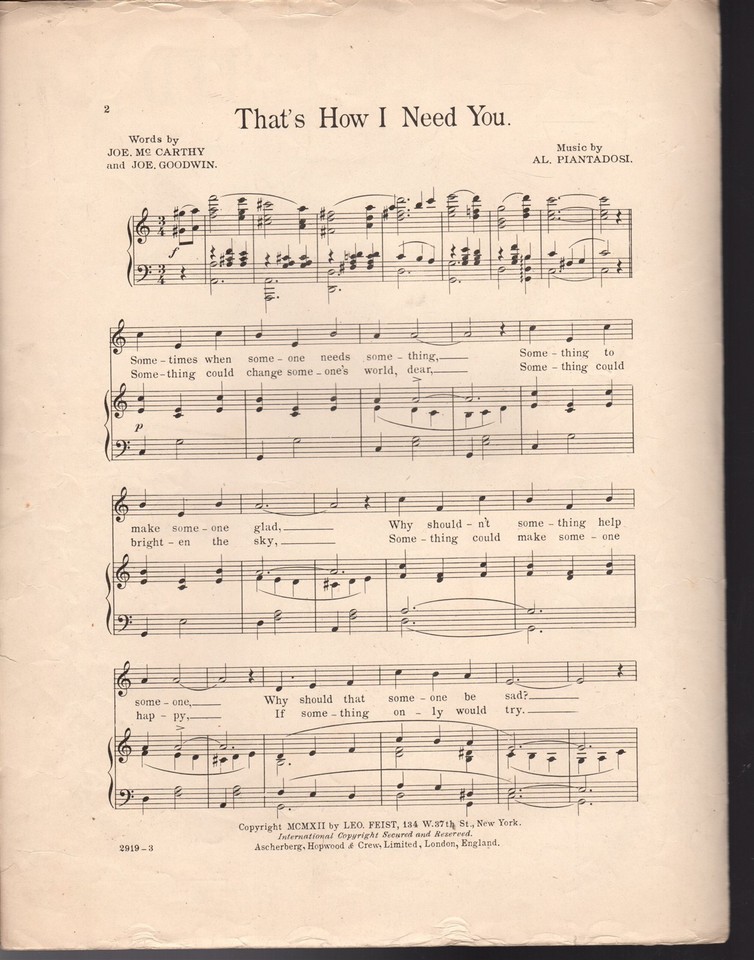 That's How I Need You Sheet Music 1912 Miss Emma Carus | eBay