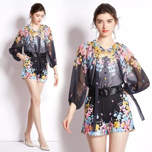 Ensemble Tailleur Femme Pantalons Courts Chemise Noire Fleurs GIPSY 14888 | eBay