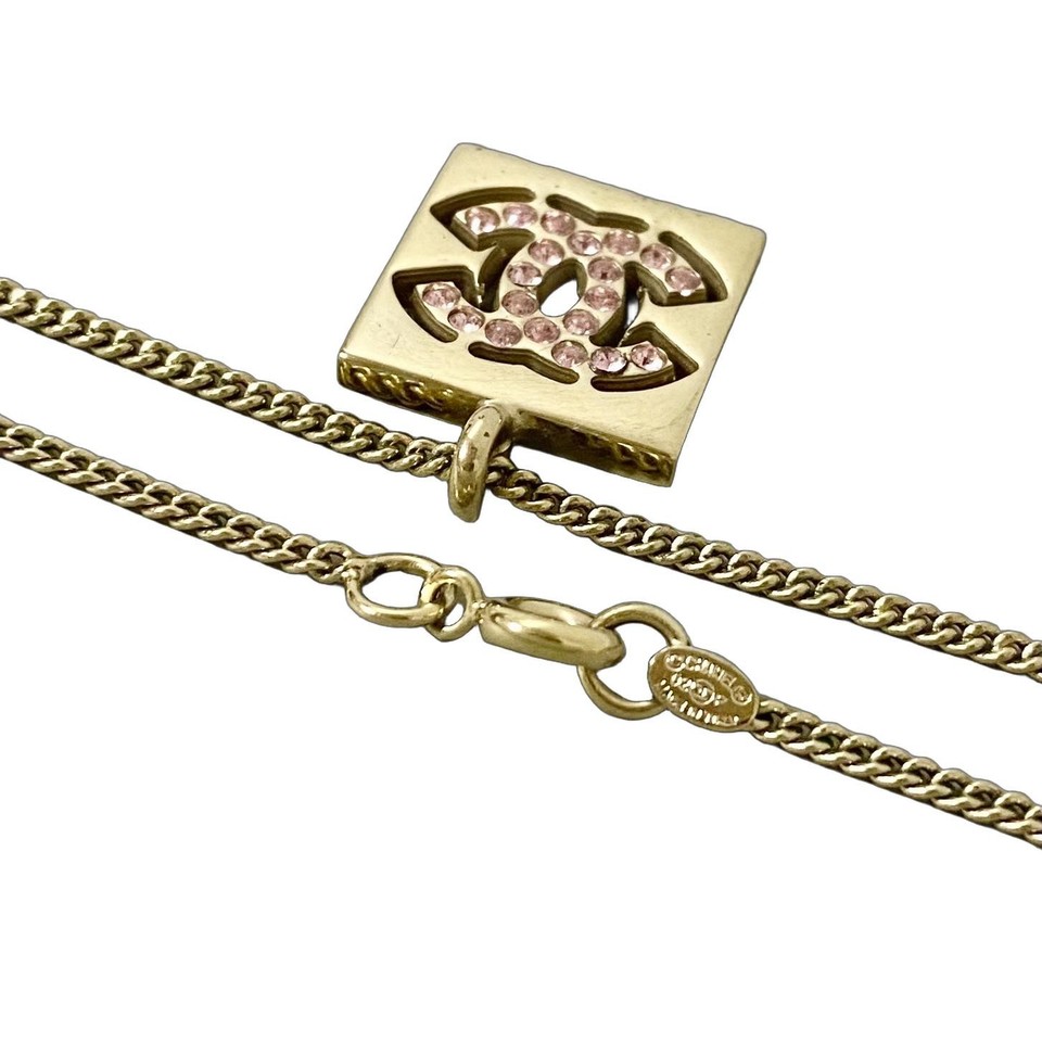 CHANEL Necklace Coco Mark Square Pink Stone Gold Logo Double Used | eBay