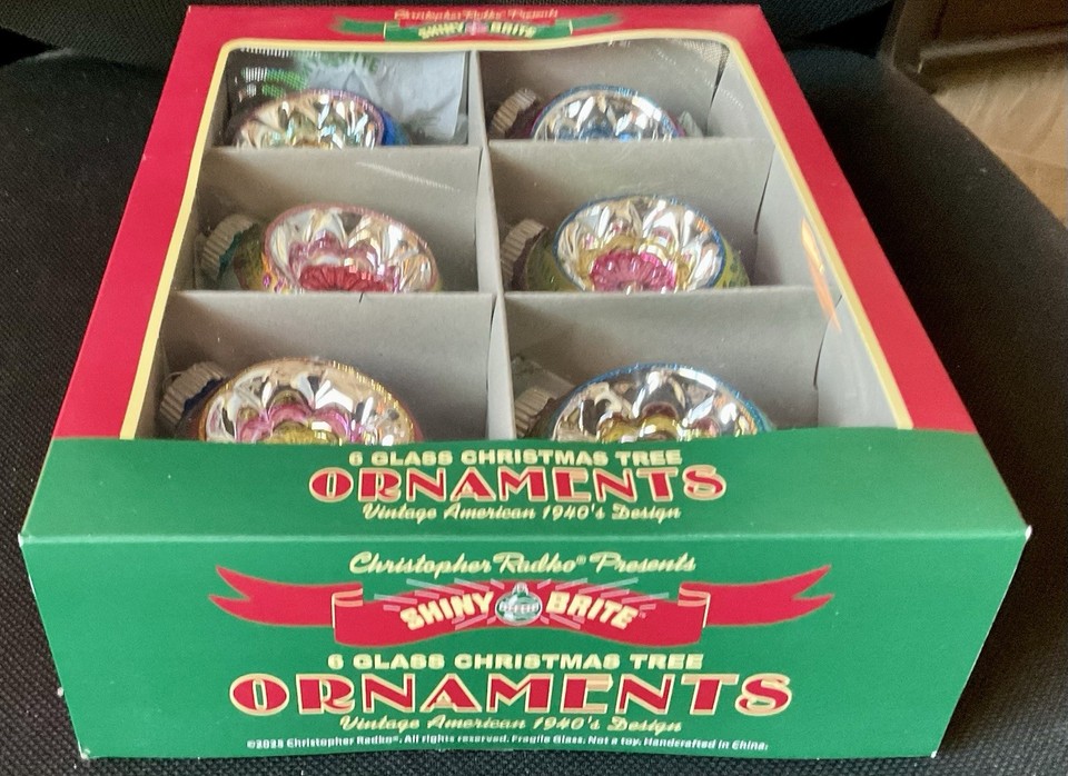 6 X-LARGE Shiny Brite Christmas Ornaments Rounds Indents Reflectors ...