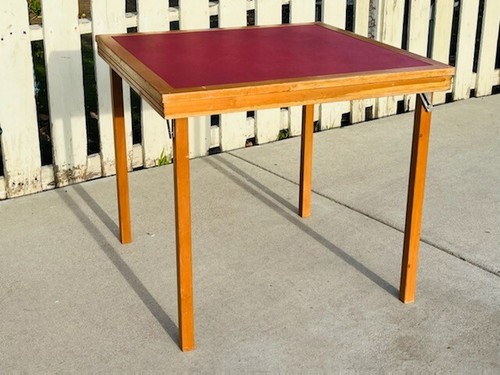 Vintage Wooden Card Table with Red Top – Folding Legs – Mid-Century ...