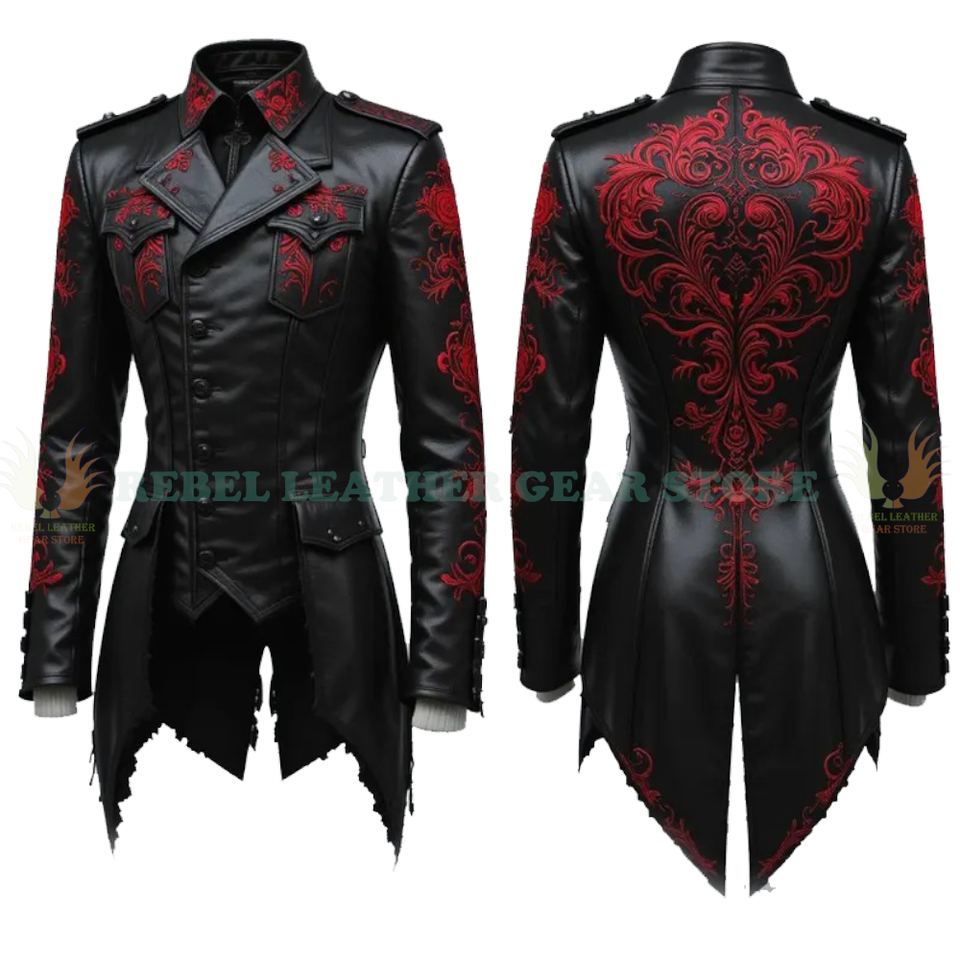 Gothic Dragon Leather Jacket Black Red Embroidery Steampunk Unisex Coat ...