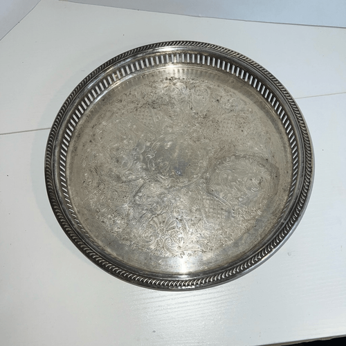 Silver Gifts SilverPlate Etched Round Tray Server Pierced Sides Dish ...