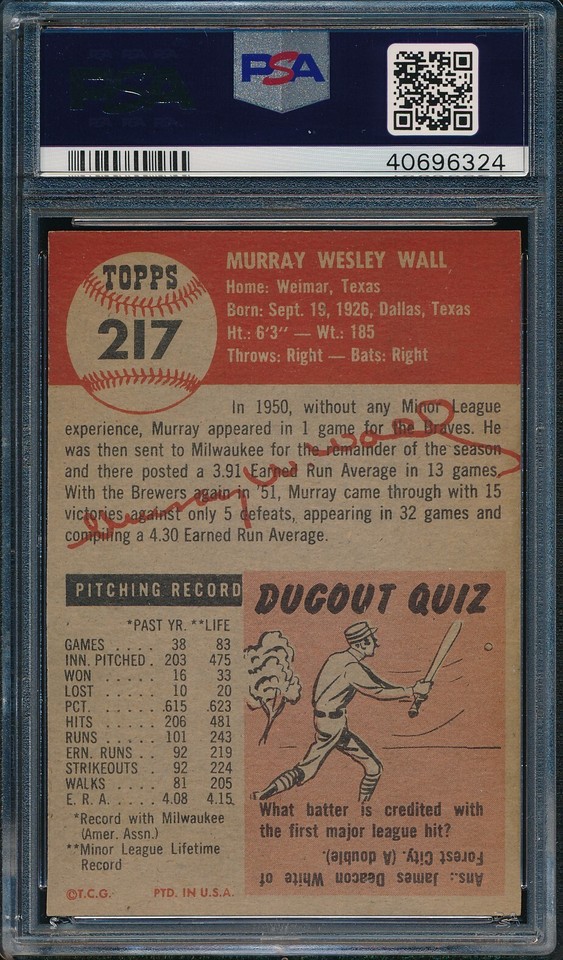 1953 Topps Murray Wall #217 PSA 8 | eBay