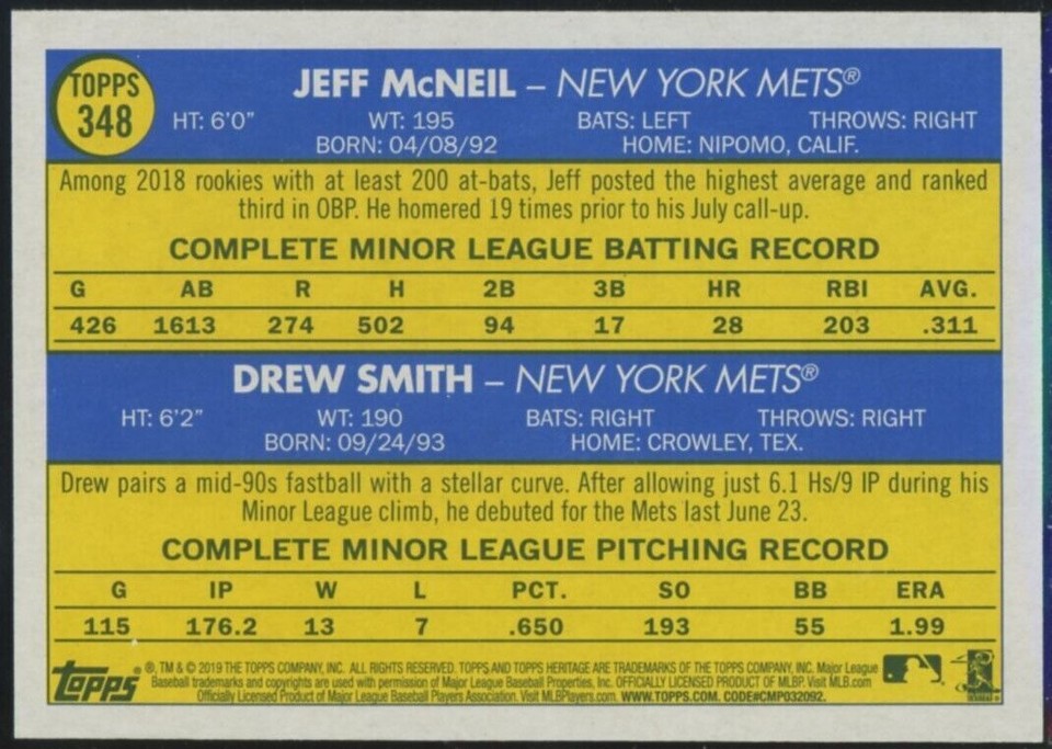 2019 Topps Heritage Drew Smith Jeff McNeil Rookie Dual RC New York Mets ...