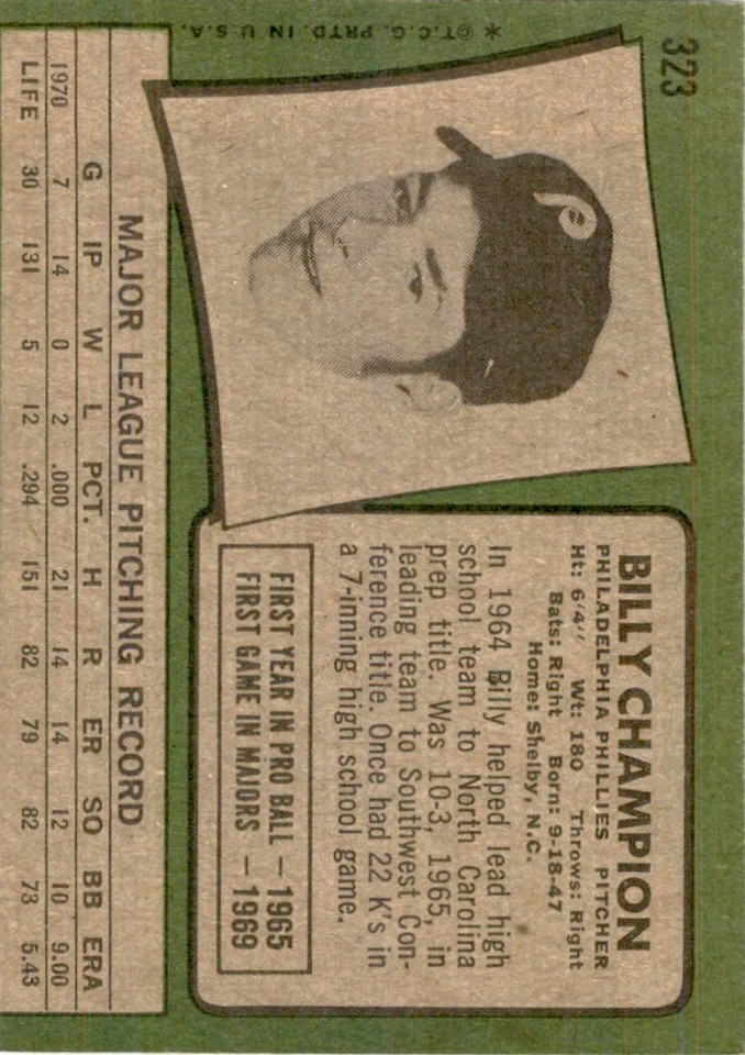1971 Topps Baseball Card Billy Champion Philadelphia Phillies #323 | eBay