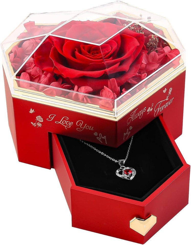 Heart Shape Preserved Real Rose Box with Necklace, Forever I Love You ...