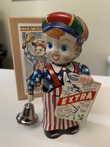 Vintage Tin Wind-Up News-Boy Toy Made in Japan w/ Box Newspaper & Bell ...