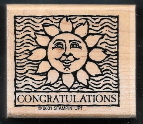 CONGRATULATIONS SUN FACE Heat Gift Tag Woodcut word Stampin' Up! RUBBER ...