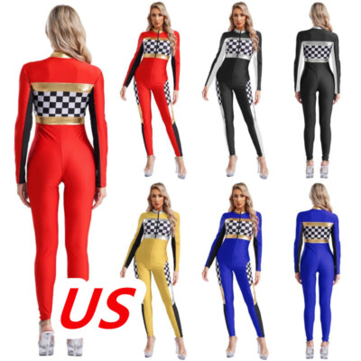 Women's Racing Driver Costume Checkerboard Print Long Sleeve Jumpsuits ...