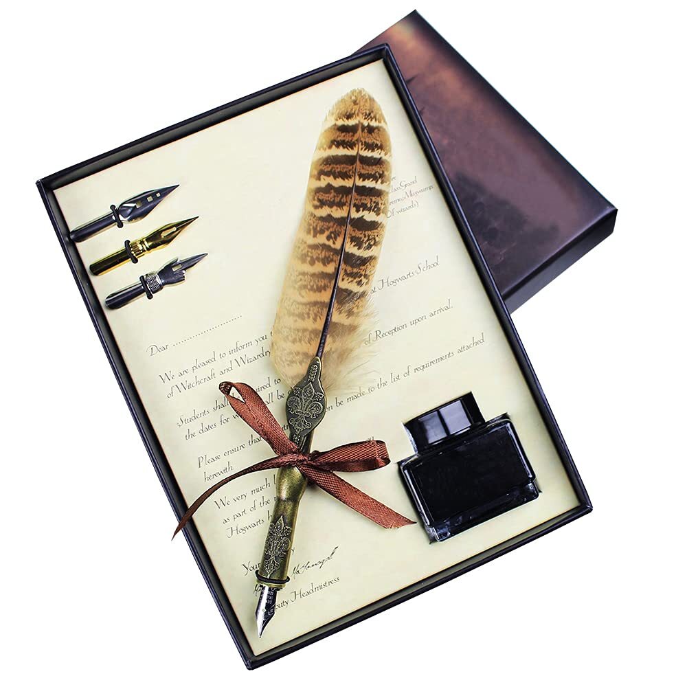 Feather Calligraphy Pen Set for Beginners,Metal Nib Writing Quill Ink ...