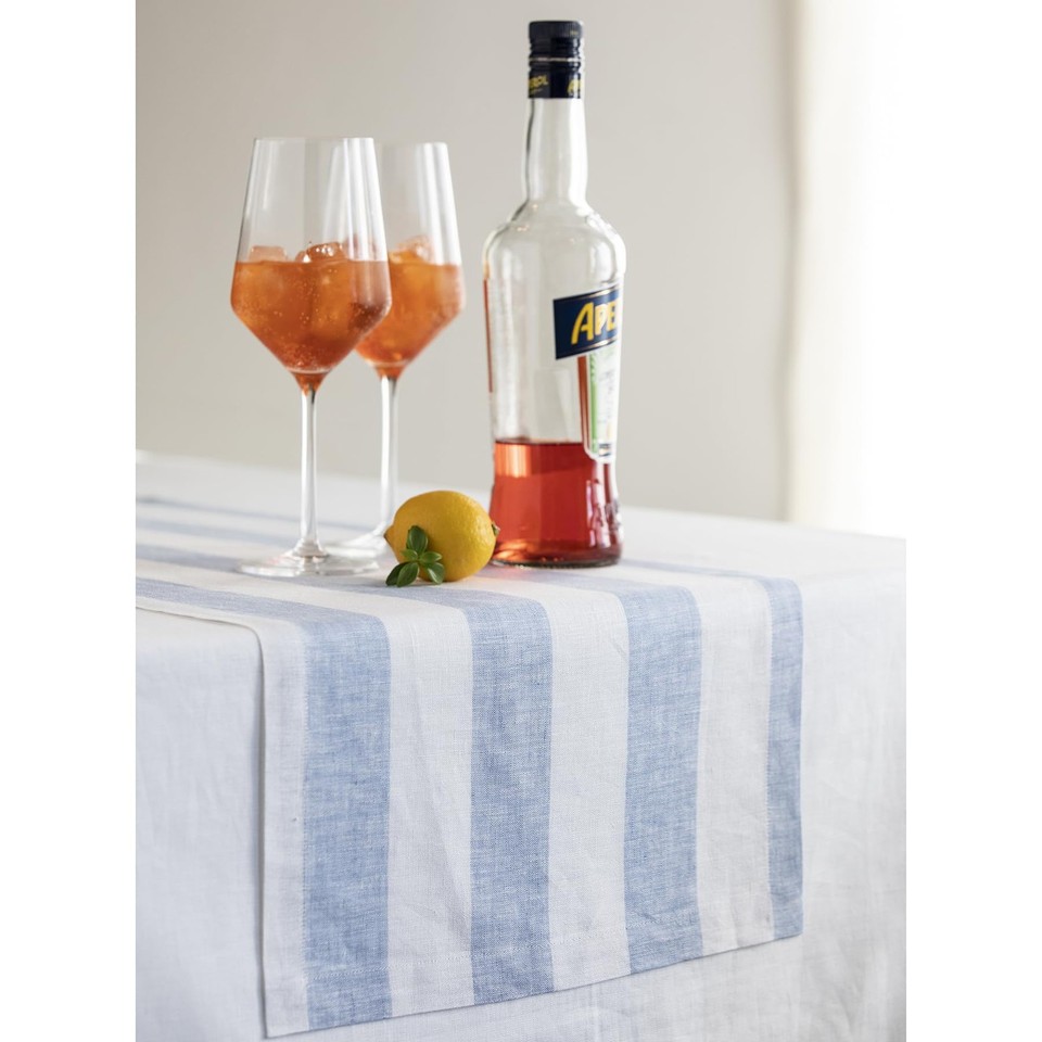 Linen Table Runner 144 Inches Long - Cabana Stripe, 100% Pure Linen Sky ...