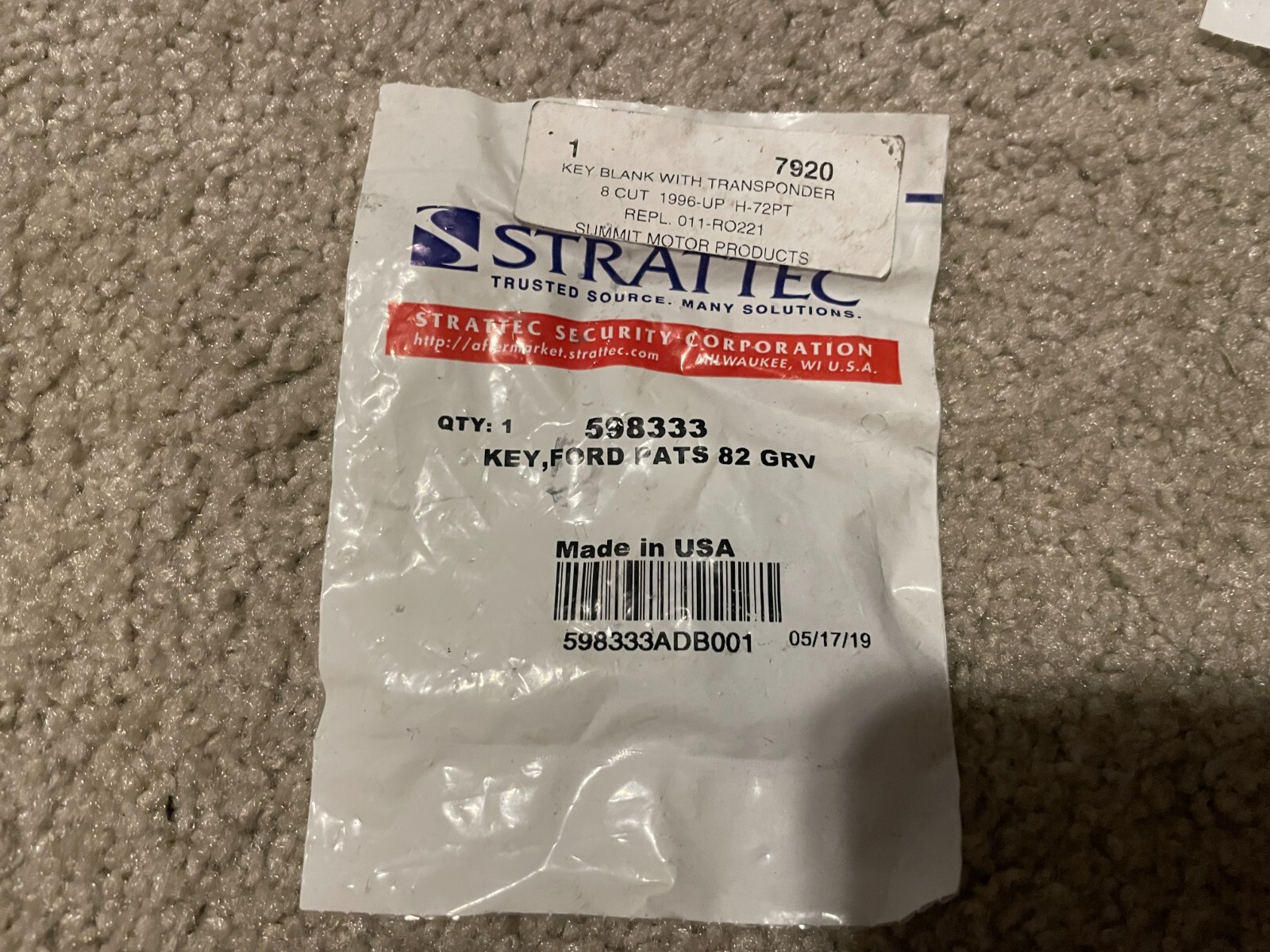 STRATTEC Ford Transponder Key Blank 598333 Aka H72-pt for sale online ...