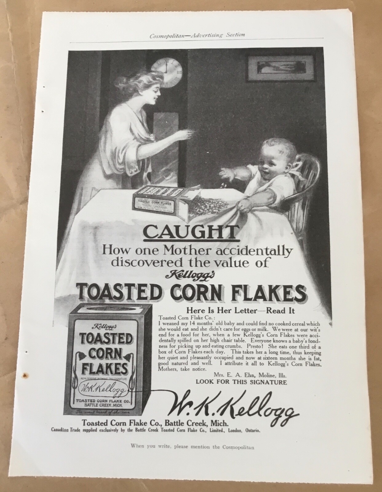Kellogg's corn flakes print ad 1909 vintage 1900s illus. art home decor ...