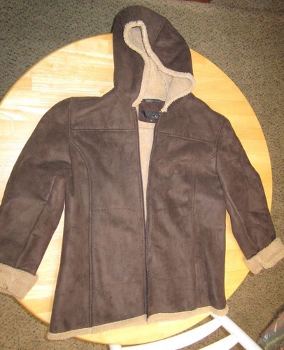 Womens UTEX Hooded Winter Coat - brown faux suede with tan faux ...