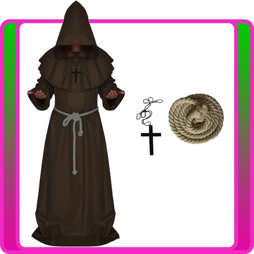 Mens Brown Monk Costume Medieval Friar Hooded Robe Renaissance ...