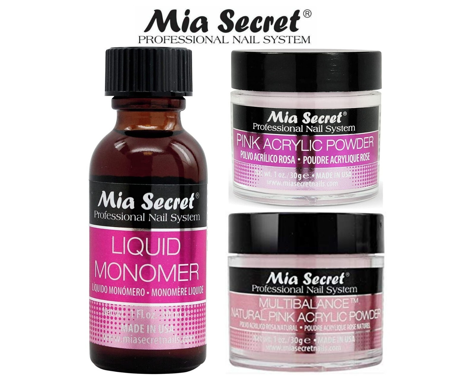 Mia Secret Liquid Monomer 1 oz with Pink & Natural Pink Acrylic Powder ...