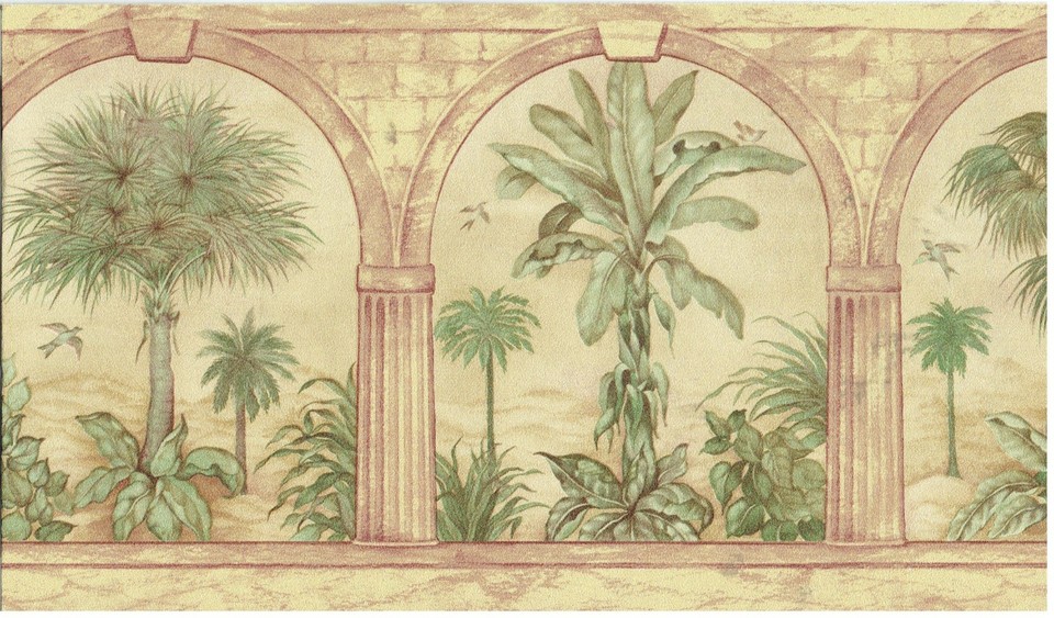 * PALM TREES UNDER ARCHWAYS BIRDS FLYING Wallpaper bordeR Wall decor | eBay