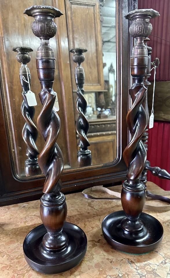 Antique Style LARGE 19" TALL Carved Wooden Barley Twist Candlesticks ...