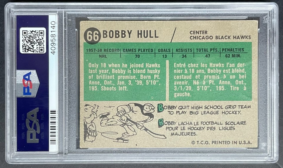 1958-59 Topps Hockey #66 Bobby Hull Rookie Card RC Vintage Graded PSA 3 ...