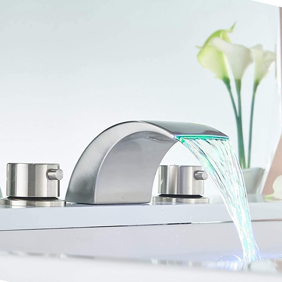8 "Widespread LED Bathroom Faucet Basin 3 Hole Waterfall Vanity Sink ...