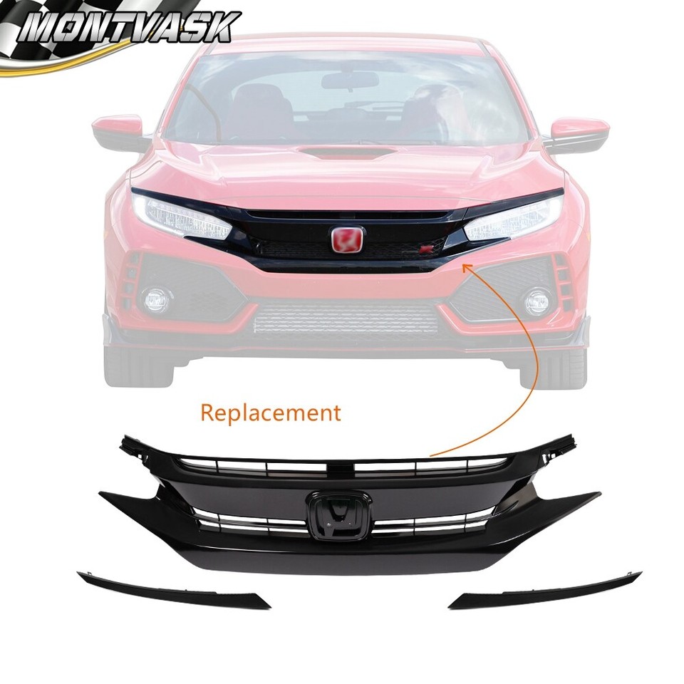 Front Hood Mesh Grille Glossy Black Fit For 16-21 Honda Civic 10th ...