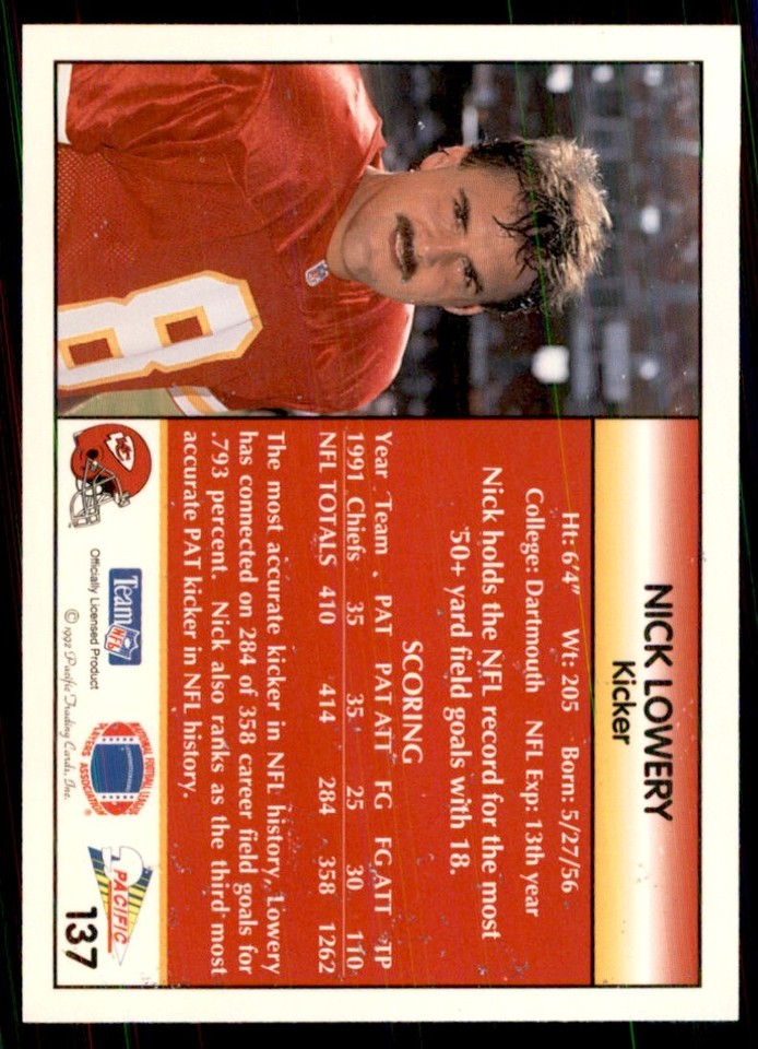 1992 Pacific Nick Lowery Football Cards #137 | eBay