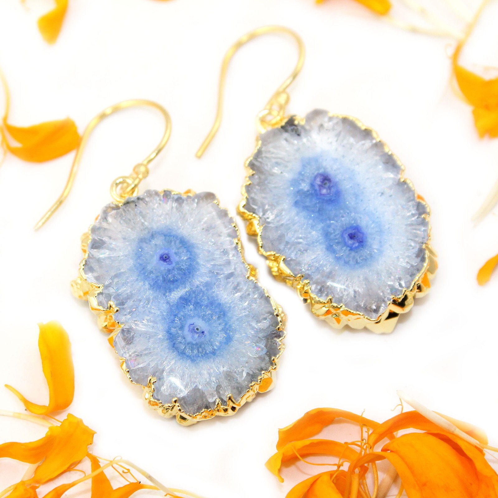 Natural Milky Blue Solar Quartz Satellite Gold Electroplated Earrings ...