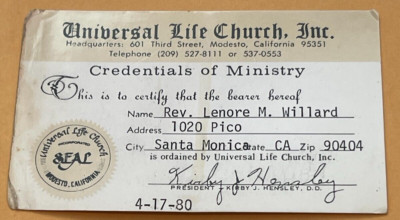 VINTAGE 1980 UNIVERSAL LIFE CHURCH CREDENTIALS OF MINISTRY MEMBERSHIP ...