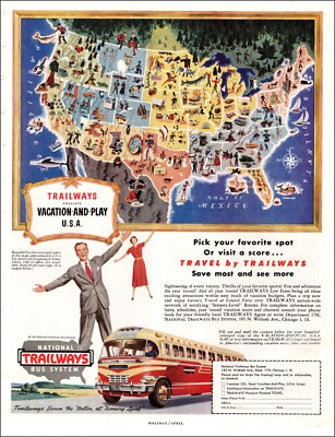 1950s vintage Travel AD TRAILWAYS BUS SYSTEM Save Most, See More ...