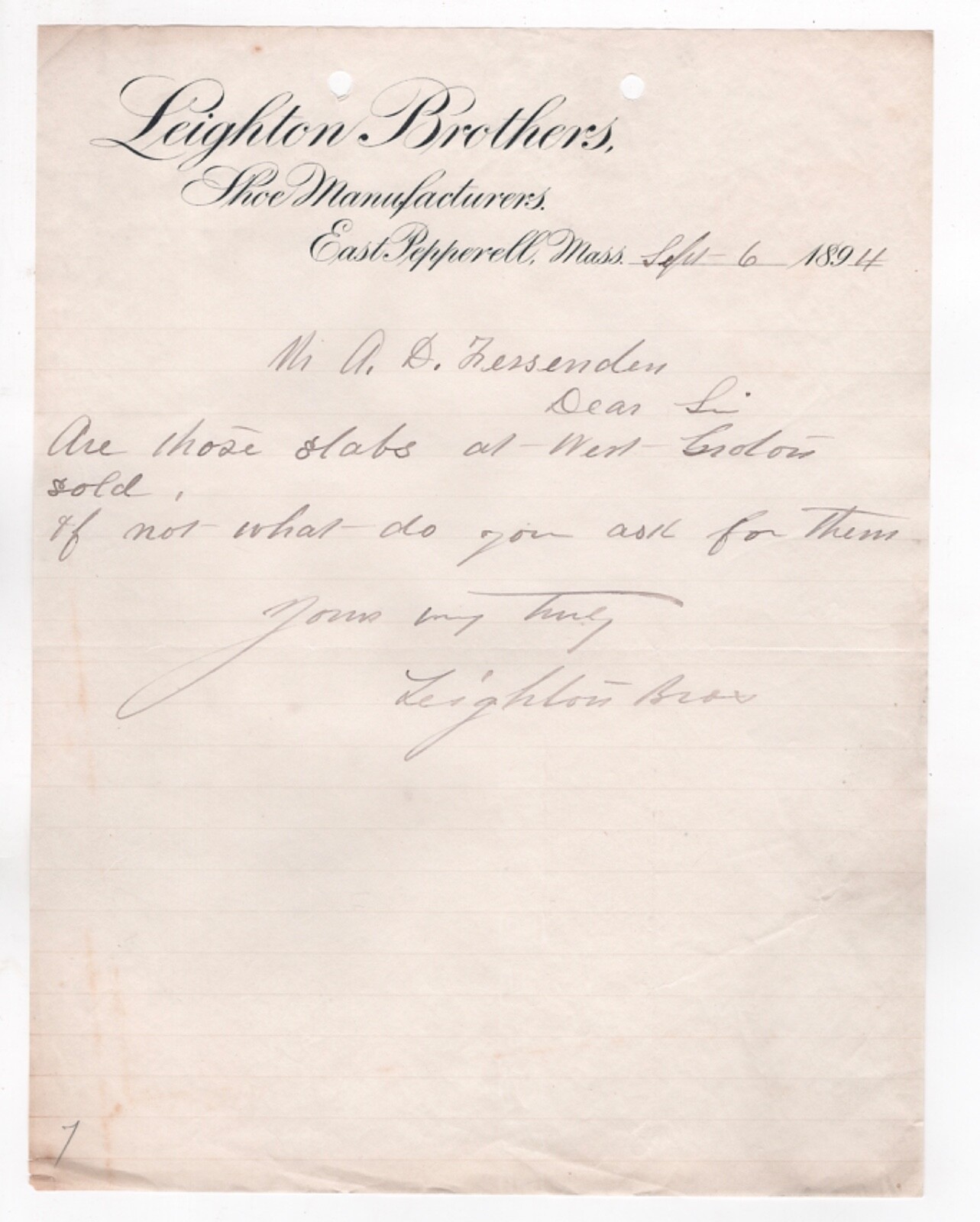 1894 LEIGHTON BROTHERS LETTERHEAD SHOE MFG EAST PEPPERELL MA FESSENDEN ...
