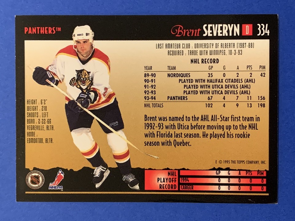 BRENT SEVERYN Signed 1994-95 Topps Premier #334 Florida Panthers ...
