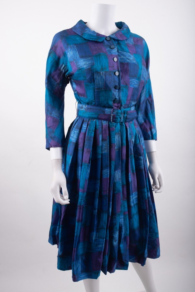 Vintage Toni Edwards Original Womens Dress Purple Blue Pleated 1950s ...