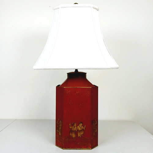 Red Chinese Tea Tin Table Lamp Asian Chinoiserie Hand Painted Figures ...