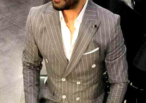 Designer Two Rows of Buttons Suit Gray White Pinstripe Suit Fitted Slim ...