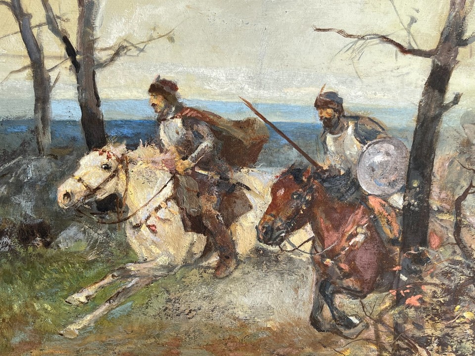 European Cavalry Battle Scene, Oil Painting on Panel. Signed. early ...