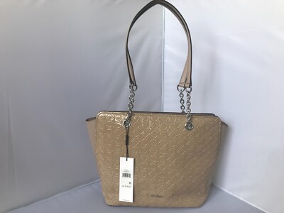 CALVIN KLEIN Hailey Signature logo medium tote shoulder bag -BEIGE MSRP ...