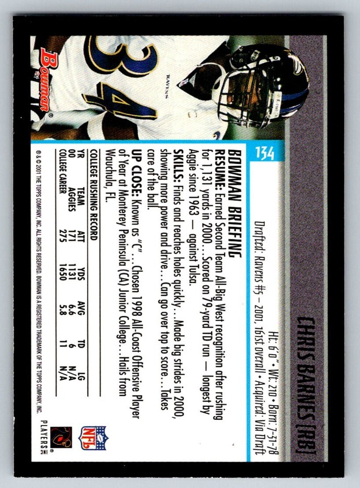 2001 Bowman #134 Chris Barnes Rookie Card Baltimore Ravens | eBay