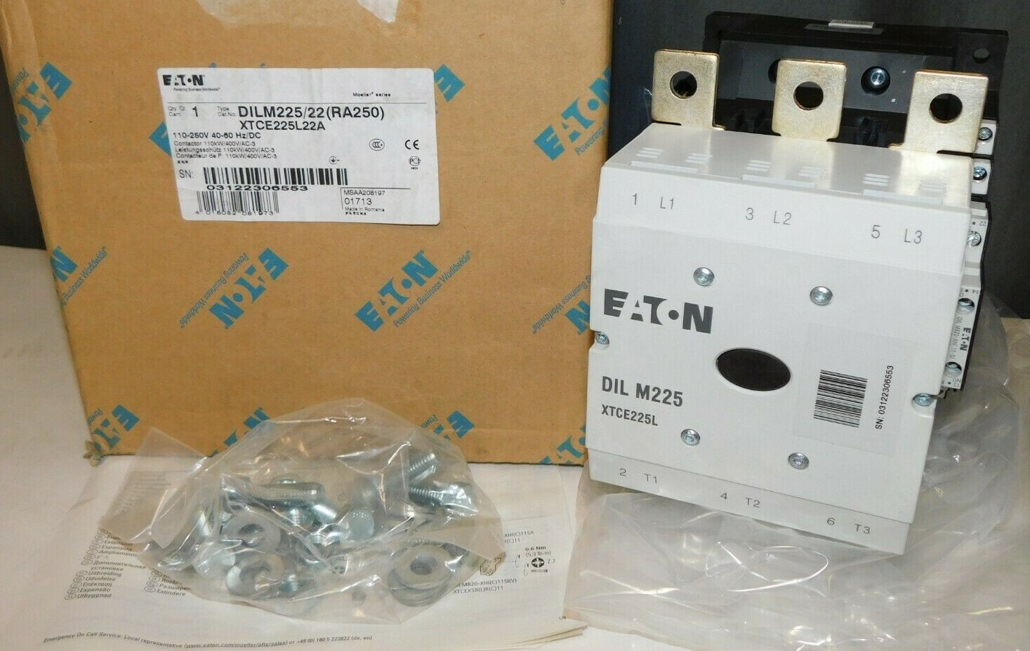 NEW Eaton XTCE225L22A Contactor 110-250V AC/DC 3P 225A FVNR DILM225/22 ...